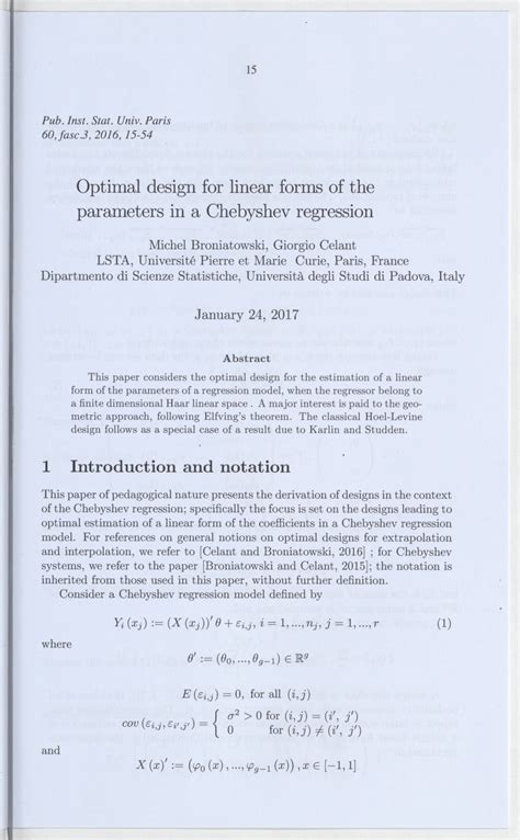 pdf optimal design for linear forms of the parameters in a chebyshev regression