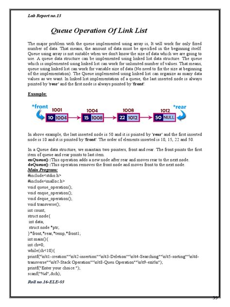 queue operation of link list lab report no 13 pdf queue abstract data type object
