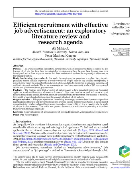 pdf efficient recruitment with effective job advertisement an exploratory literature review