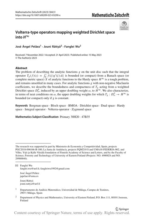 pdf volterra type operators mapping weighted dirichlet space into h∞ documentclass[12pt