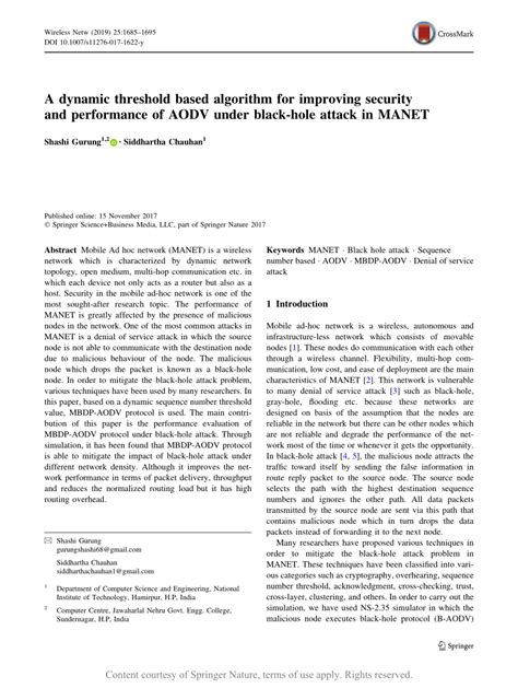 a dynamic threshold based algorithm for improving security and performance of aodv under black