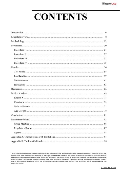 Printable Table Of Contents Template