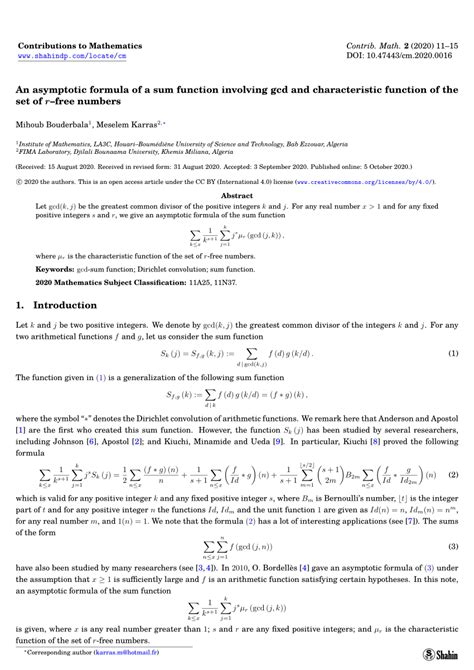 pdf an asymptotic formula of a sum function involving gcd and characteristic function of the