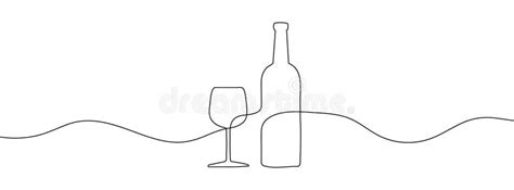 Wine Bottle And Wine Glass Drawing With One Continuous Line Vector Illustration Stock