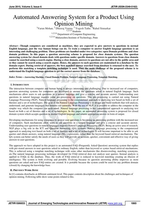pdf automated answering system for a product using opinion mining