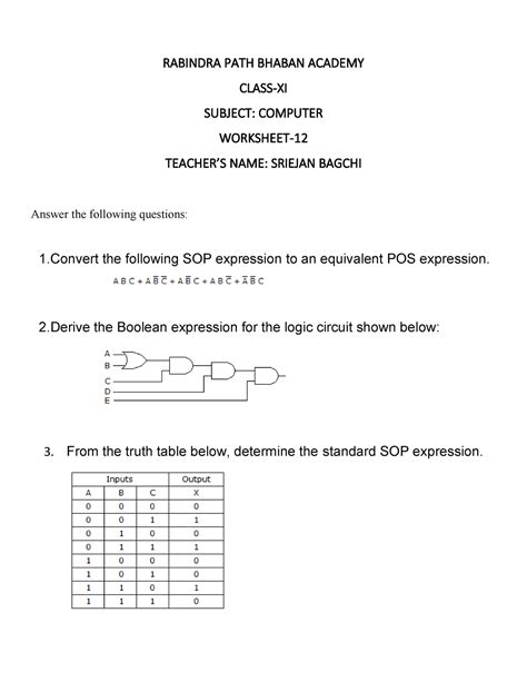 worksheer for boolean algebra rabindra path bhaban academy class xi subject computer