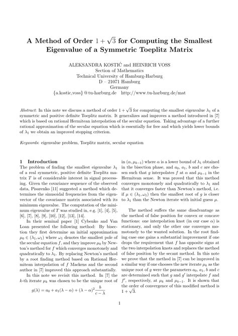 pdf a method of order 1 sqrt 3 for computing the smallest eigenvalue of a symmetric toeplitz