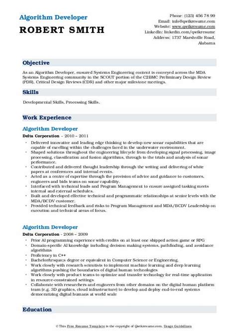 Algorithm Developer Resume Samples QwikResume