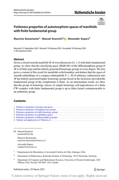pdf finiteness properties of automorphism spaces of manifolds with finite fundamental group