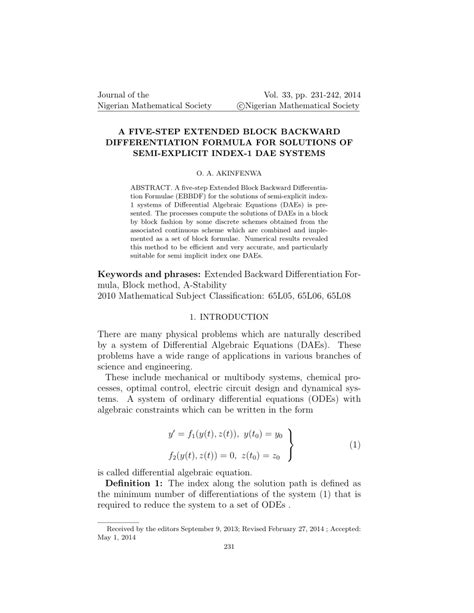 pdf a five step extended block backward differentiation formula for solutions of semi explicit