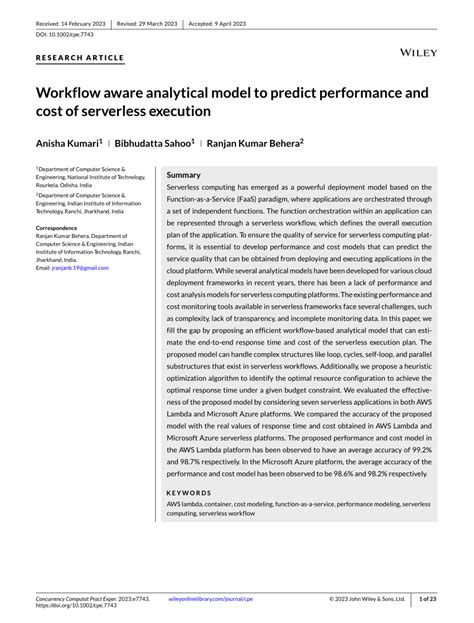 pdf workflow aware analytical model to predict performance and cost of serverless execution
