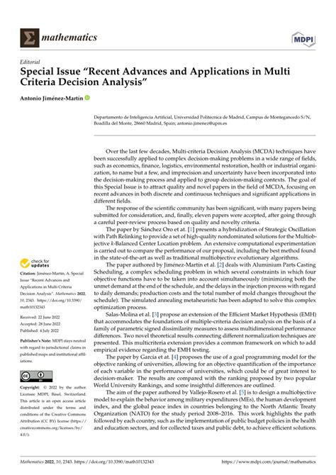 pdf special issue “recent advances and applications in multi criteria decision analysis”