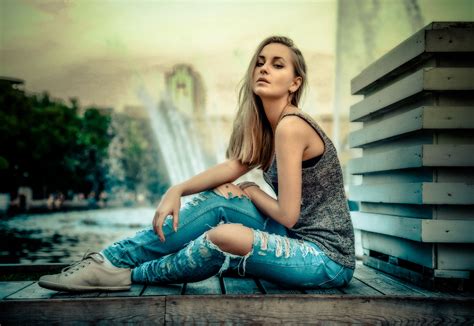 Wallpaper Women Model Blonde Sitting Torn Jeans Fashion Emotion Person Romance Color