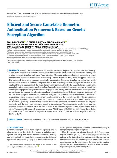 pdf efficient and secure cancelable biometric authentication framework based on genetic