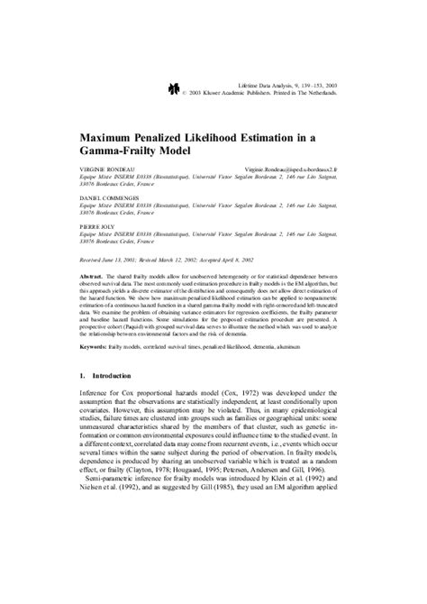 pdf maximum penalized likelihood estimation in a gamma frailty model virginie rondeau