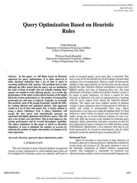 query optimization based on heuristic rules ijertv3is070992 pdf databases relational database