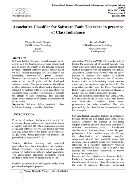 pdf associative classifier for software fault tolerance in presence of class imbalance