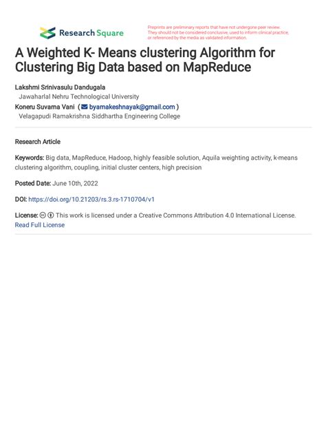pdf a weighted k means clustering algorithm for clustering big data based on mapreduce