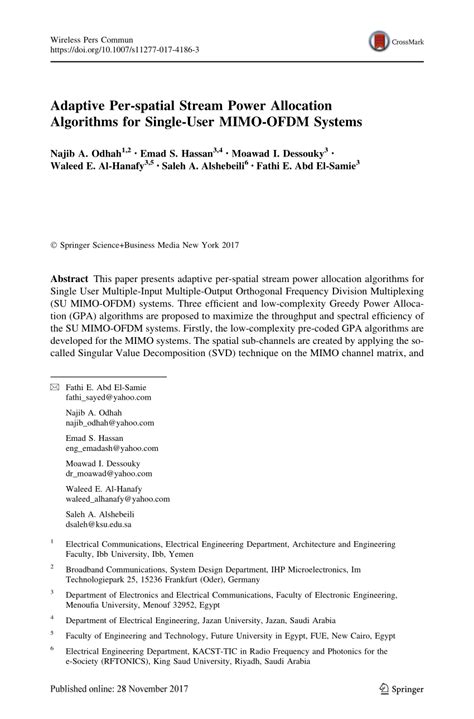 pdf adaptive per spatial stream power allocation algorithms for single user mimo ofdm systems