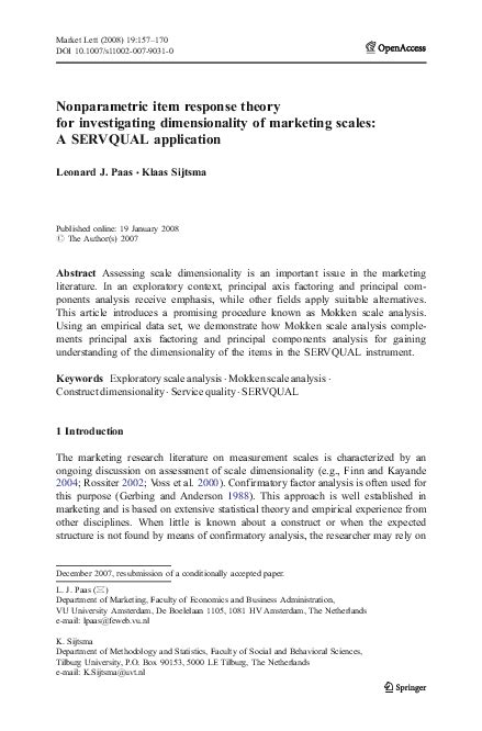 pdf nonparametric item response theory for investigating dimensionality of marketing scales a
