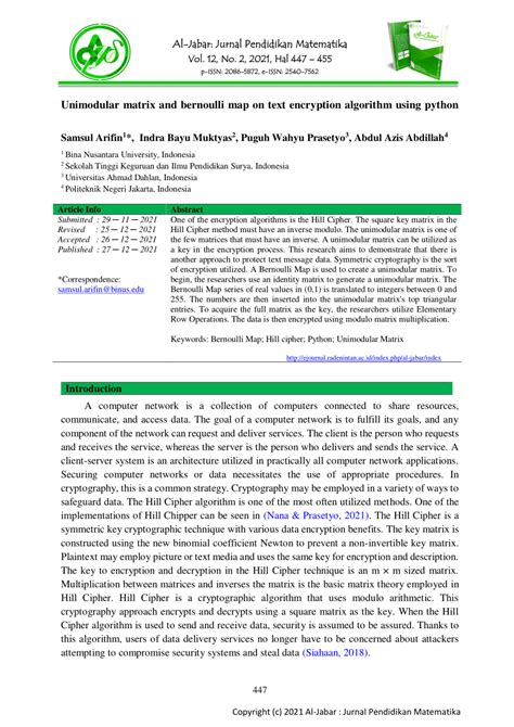 pdf unimodular matrix and bernoulli map on text encryption algorithm using python