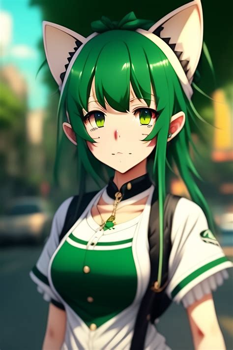 Lexica Cute Anime Girl Green Hair Small Cat Ears Pale Skin Short Clothes