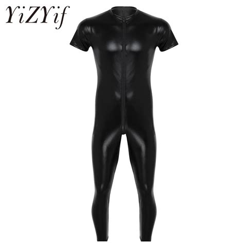 Yizyif Sexy Stretchy Bodystocking For Mens Wetlook Leather Latex Catsuit Gay Mens Full Body