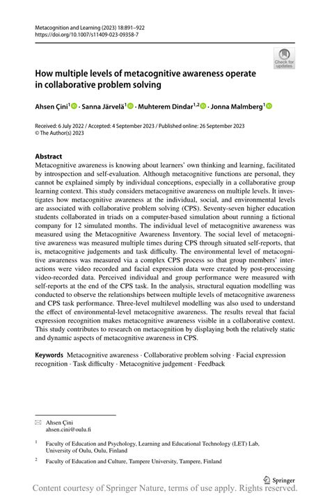 pdf how multiple levels of metacognitive awareness operate in collaborative problem solving