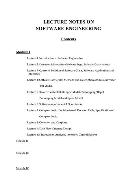 notes of software engineering lecture notes on software engineering contents module i lecture