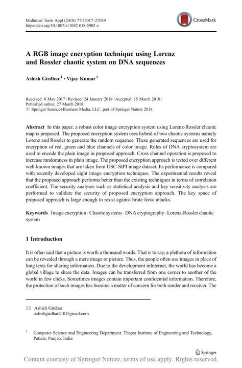 a rgb image encryption technique using lorenz and rossler chaotic system on dna sequences