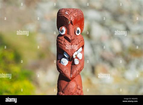 Artfully Carved Traditional Statue Of Maori Made Of Wood Whakarewarewa
