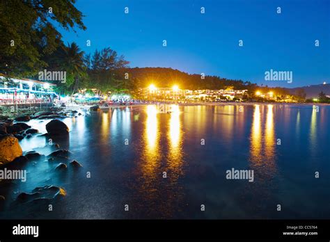 View Of Karon Beach A Popular Tourist Destination At Night Time Phuket Island Thailand Long