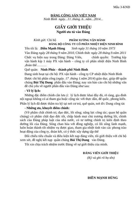 Giấy giới thiệu người ưu tú vào đảng Mẫu 3 KNĐ Chi tiết Điền