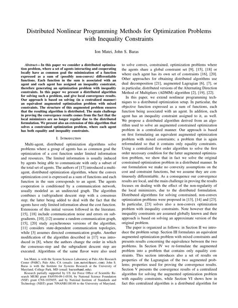 pdf distributed nonlinear programming methods for optimization problems with inequality