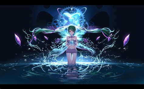 Kneeling Purple Eyes Shorts Belly Hatsune Miku Navels Long Hair Anime Girls Water