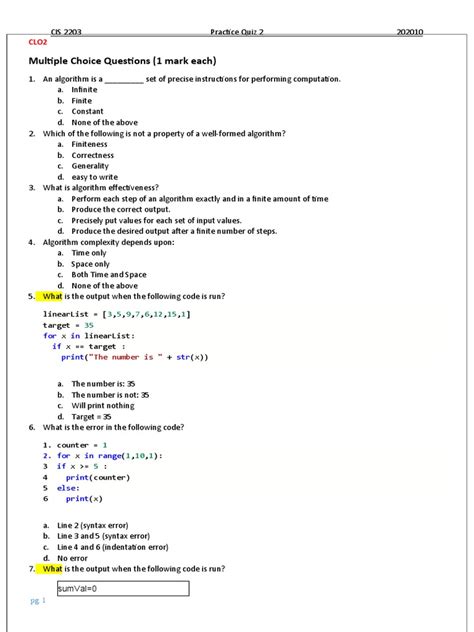 practice quiz on algorithms questions covering algorithm concepts linear search binary search