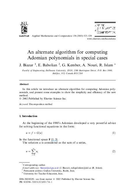 pdf an alternate algorithm for computing adomian polynomials in special cases ali nouri