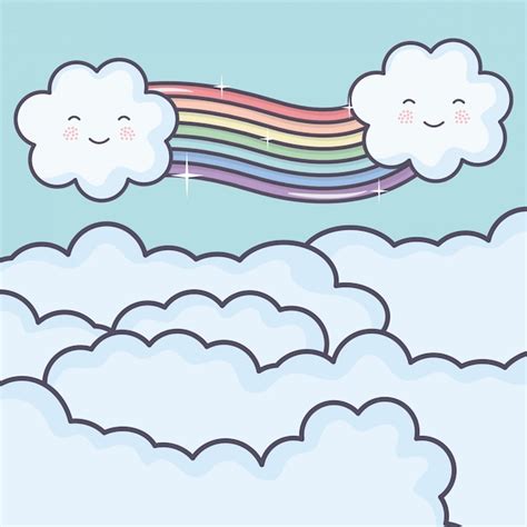 Nubes Cielo Con Arco Iris Clima Kawaii Personajes Vector Gratis