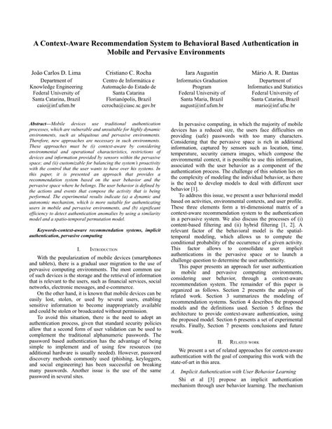 pdf a context aware recommendation system to behavioral based authentication in mobile and