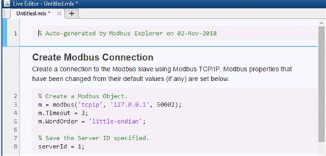 generate a script from your modbus explorer session matlab and simulink