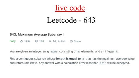 maximum average subarray i leetcode 643 live coding sliding window pattern time to switch