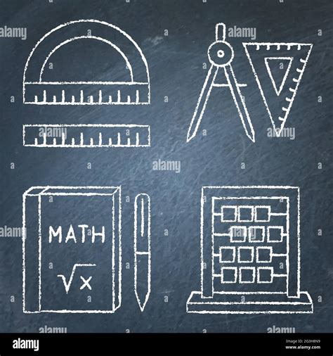 Math Instruments Icons Set In Line Style On Chalkboard Protractor And