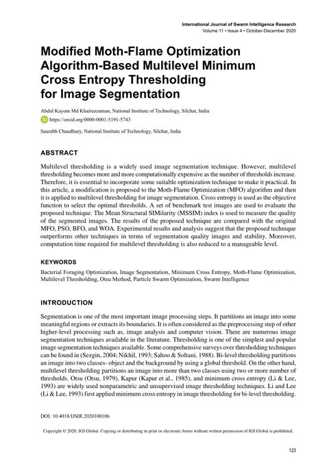 pdf modified moth flame optimization algorithm based multilevel minimum cross entropy