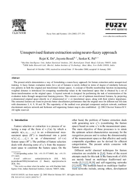 pdf unsupervised feature extraction using neuro fuzzy approach rajat de and sankar pal