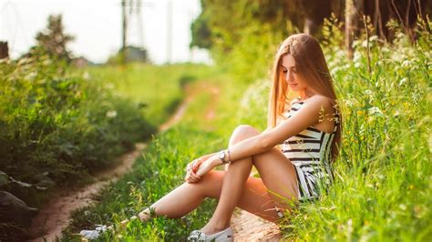 Wallpaper Sunlight Forest Women Outdoors Blonde Long Hair Nature Grass Legs Striped