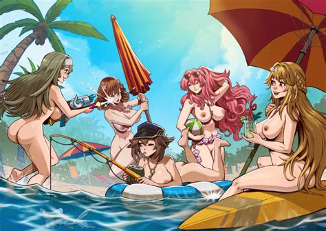 Rule 34 5girls Beach Beach Ball Blonde Hair Brown Hair Danusko Exosister Elis Exosister Irene
