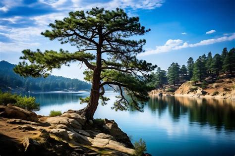 Premium AI Image Photo Of Lone Pine Tree On A Lakeshore