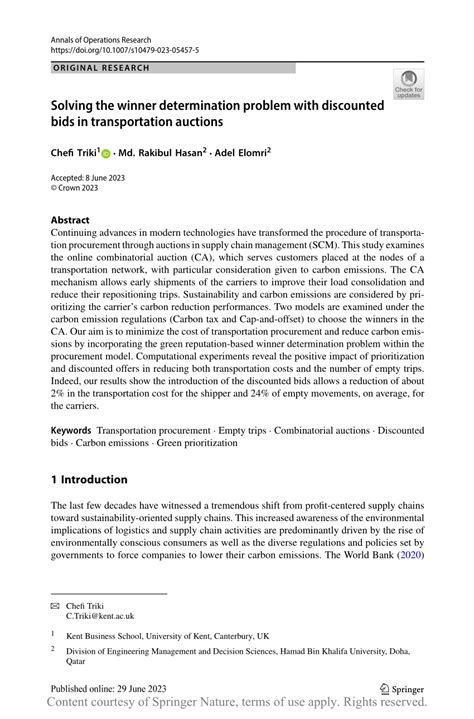 pdf solving the winner determination problem with discounted bids in transportation auctions